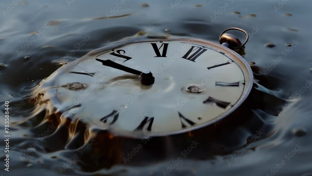 The face of a weathered clock reflects on the water's surface. Aged and ...
