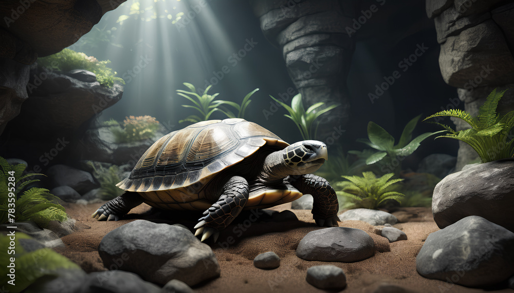 A detailed depiction of a turtle, rendered with thick layers of paint ...