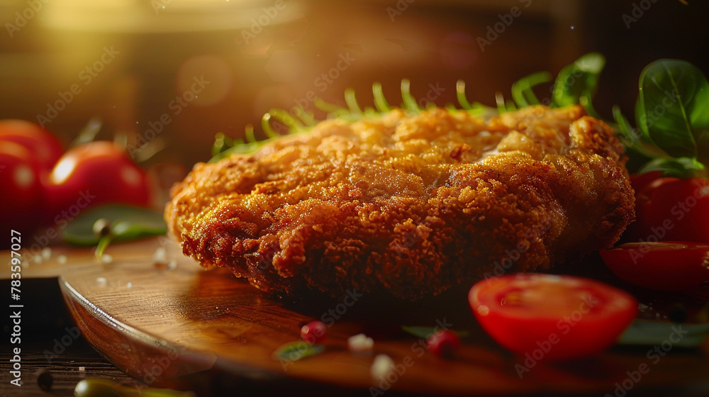 Commercial food illustration, golden brown fried pork chop, attractive ...