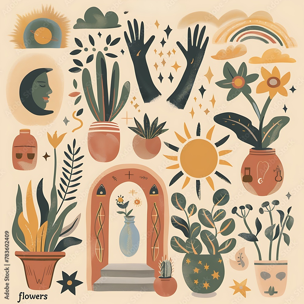 a variety of abstract and stylized elements including arched doorways ...