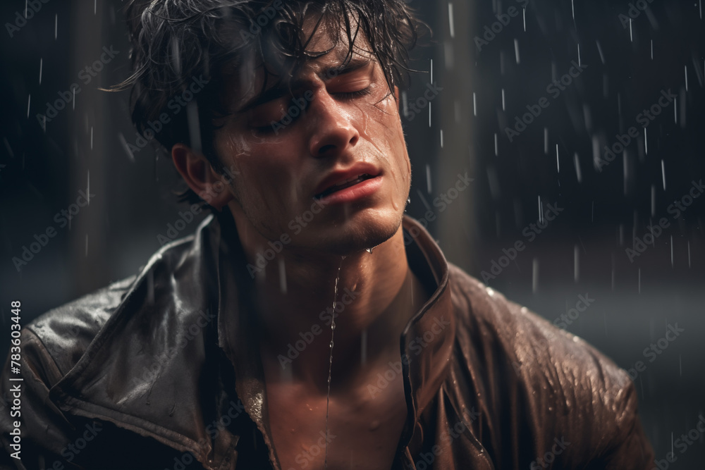 a poignant, hyper-realistic portrait of a young man in tears in rain ...