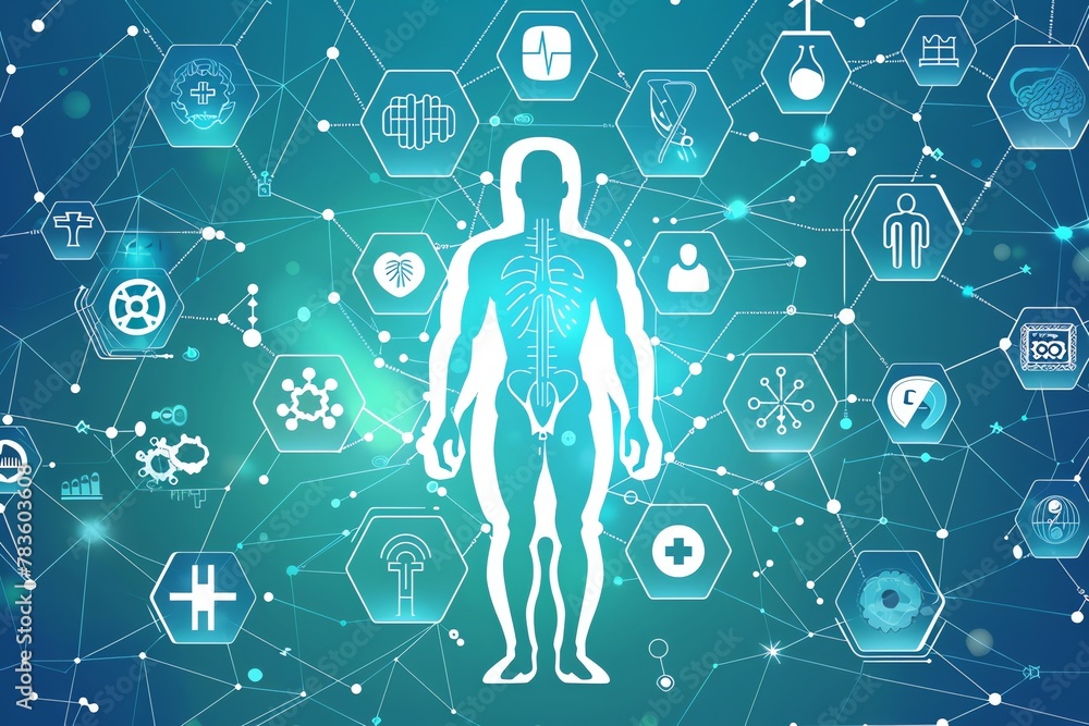 Abstract human body silhouette surrounded by icons representing ...