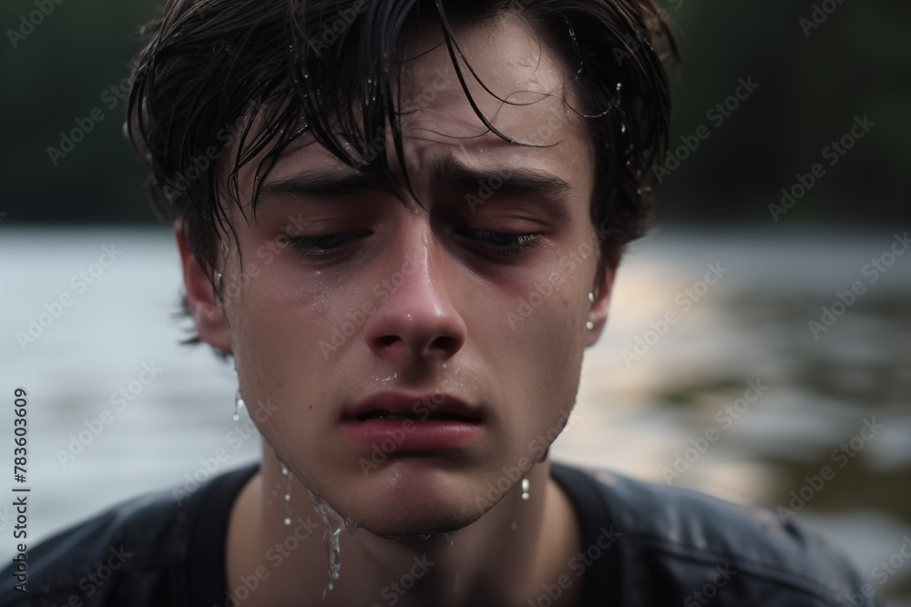 a poignant, hyper-realistic portrait of a young man in tears in rain ...