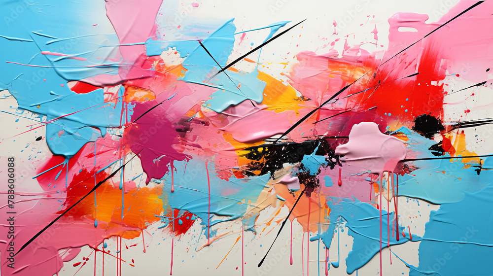 An abstract collage of spray paint splotches, stripes and designs. The ...