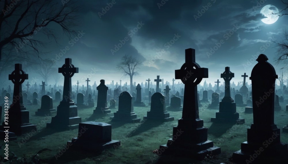 A serene, yet eerie night setting in a graveyard under a full moon with ...