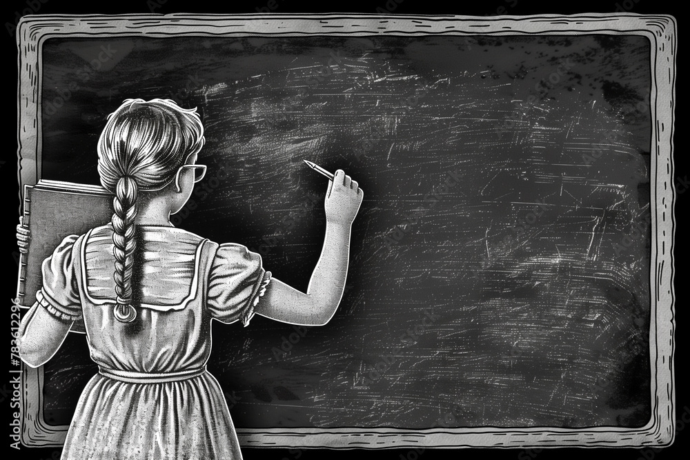 Monochrome drawing of a girl writing on a blackboard with chalk Stock ...