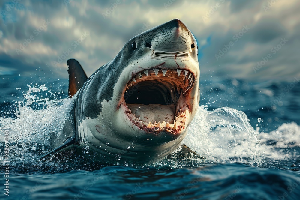 A dramatic view of a great white shark captured mid-leap with water ...