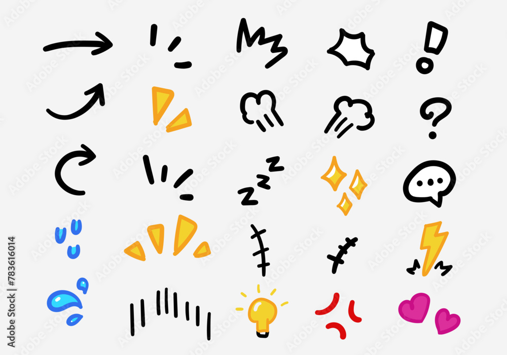 Vector set of hand-drawn cartoony expression sign doodle, curve ...