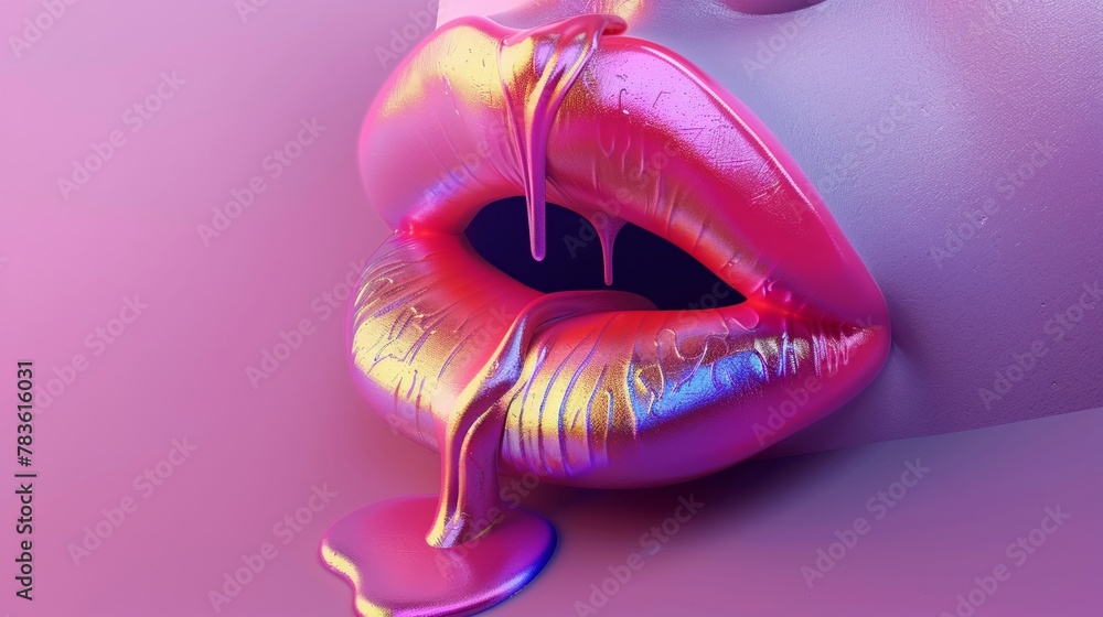 Hyperrealistic 3D melting lips, colors dripping elegantly on a ...