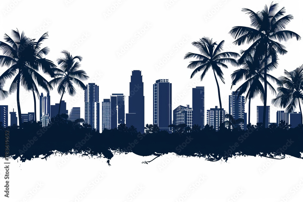 Tropical Miami skyline with palm trees, in bold monochrome, watercolor ...