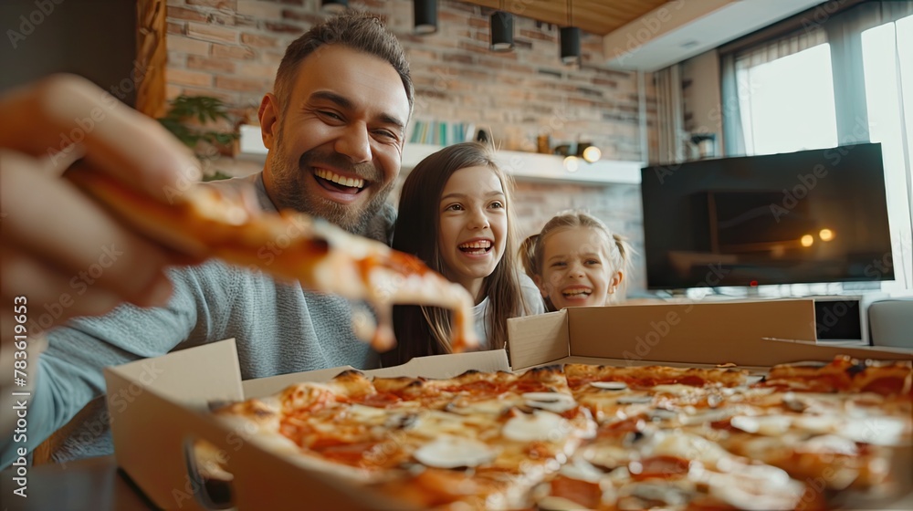 a happy family bonding over pizza at home, with parents and daughter ...