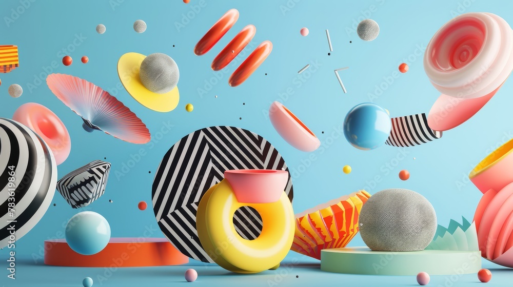 Playful and vibrant flying objects in a Memphis-inspired color palette ...
