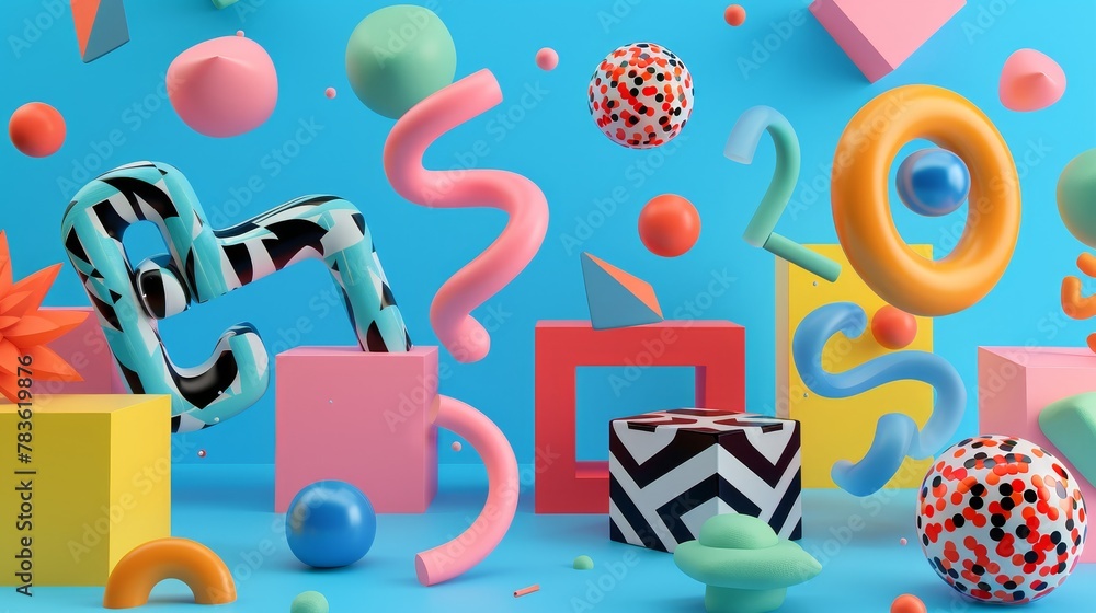 Playful and vibrant flying objects in a Memphis-inspired color palette ...