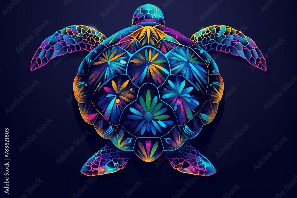 Sea turtle. Abstract, artistic, neon drawing of a sea turtle on a dark ...