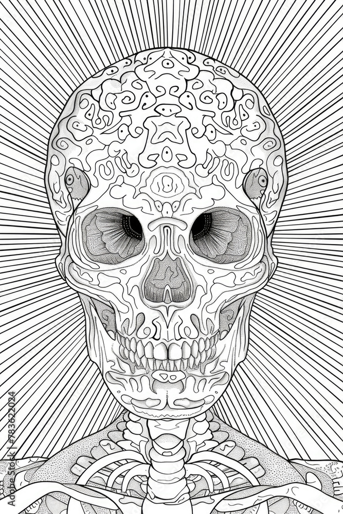 An artistically detailed drawing of a human skull and upper torso ...