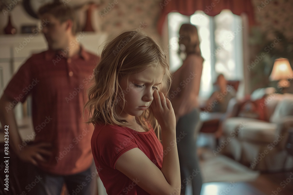 Thoughtful child with hand on cheek feeling left out with other ...