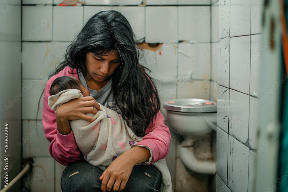 Vulnerable poor needy Colombian homeless woman unhappy and sad with her ...