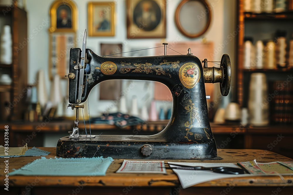 Tailor's retro workshop with an old sewing machine. The rhythmic hum of ...