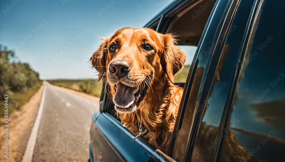 AI generated illustration of a curious dog peeks out a car window ...