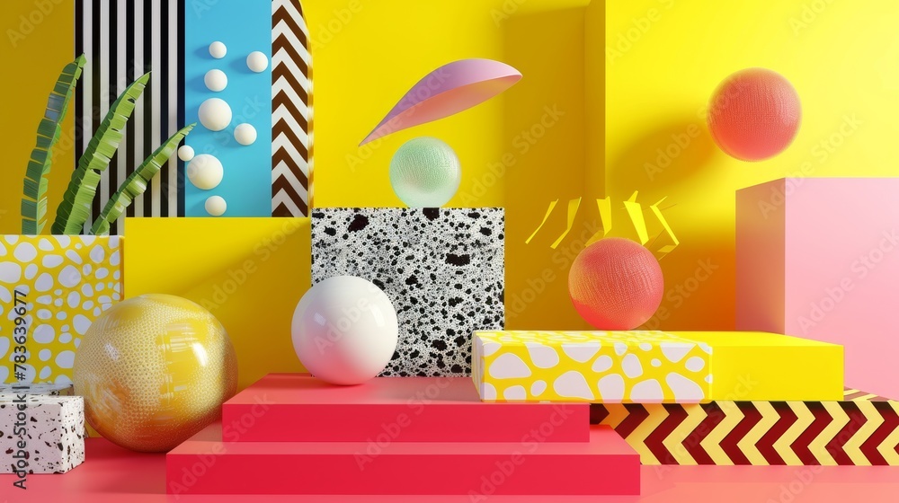 Surreal 3d renderings inspired by Memphis design 3d style isolated flying objects memphis style ...