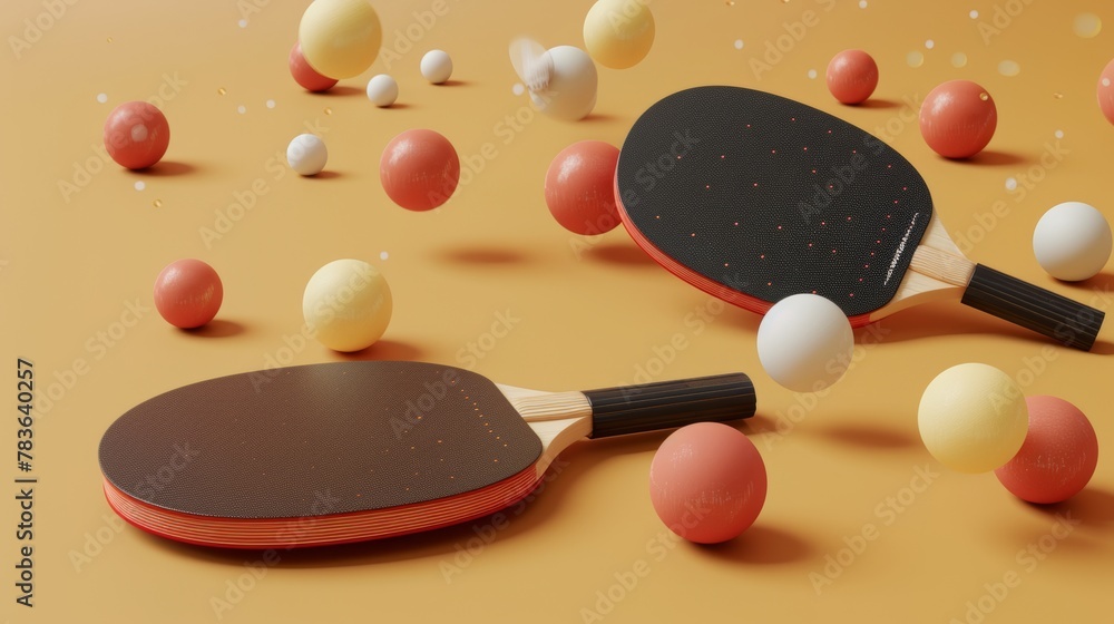 Table tennis paddles and balls in a modern design 3d style isolated ...