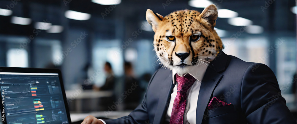 Cheetah wearing suits in an office, seated in front of a commanding ...