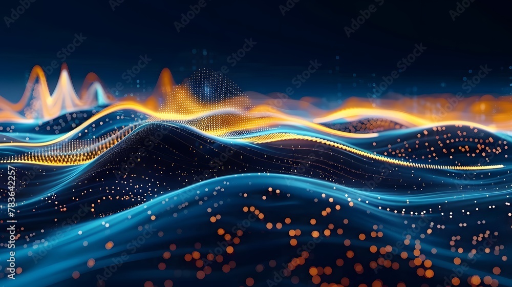Technological futuristic illustration featuring a wave of luminous particles, visualizing big ...