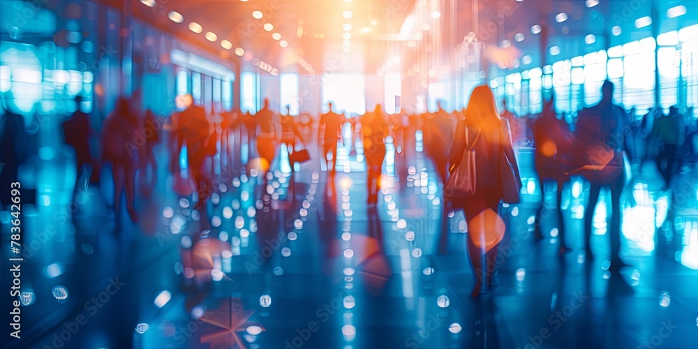 Abstract background of a bustling conference hall with blurred figures ...