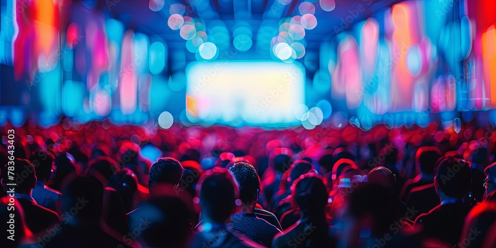 Abstract concept of a crowded convention hall with blurred figures ...