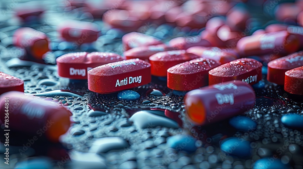 Colorful anti-drug pills scattered on a wet surface, highlighted under ...