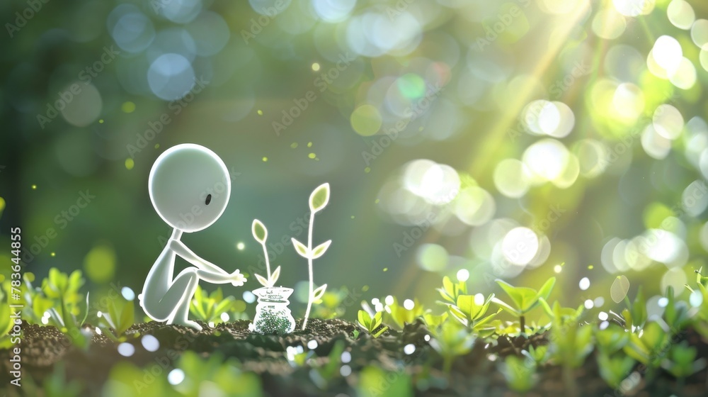 A whimsical animation of a character tending to a young plant, set ...