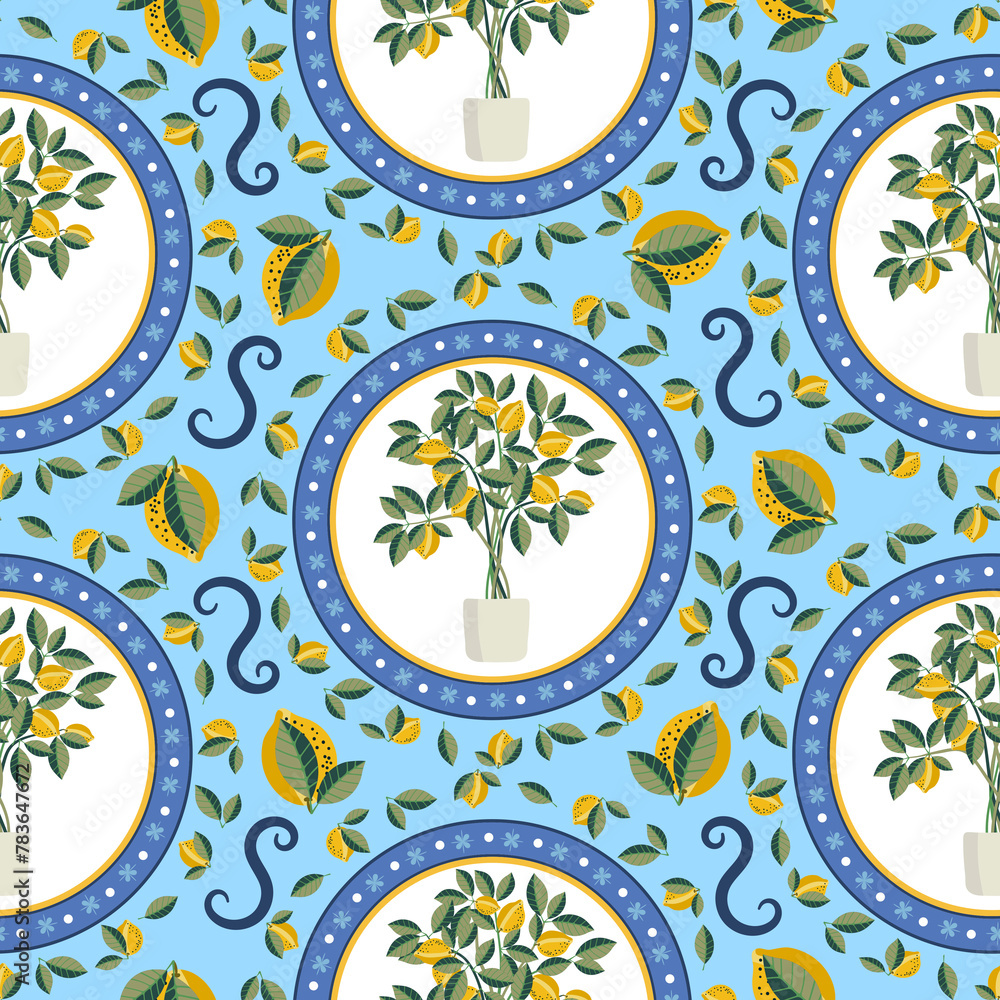 Italian ceramic motif lemon seamless pattern. Mediterranean motif ...
