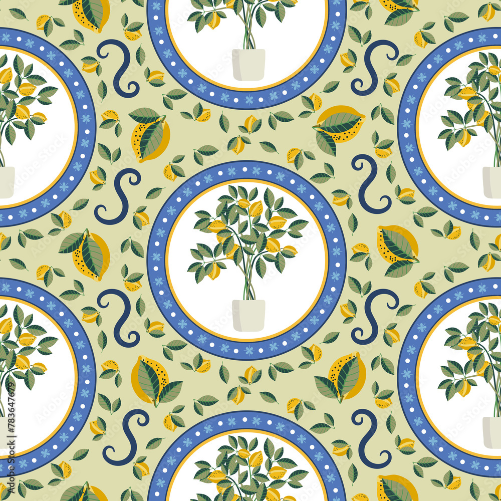 Italian ceramic motif lemon seamless pattern. Mediterranean motif ...