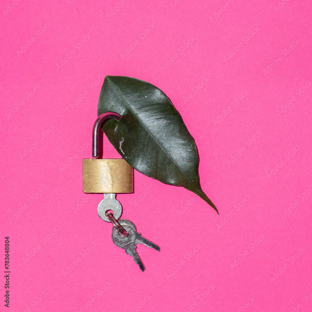 Padlock with keys and leaf creative concept on earth protection and ...