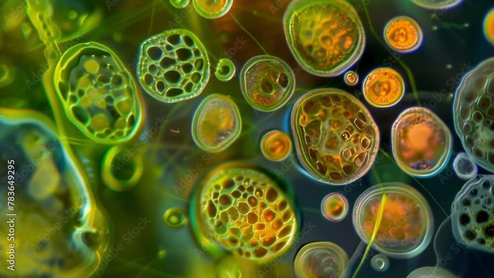 A colorful and abstract image of an algal bloom the different shapes ...