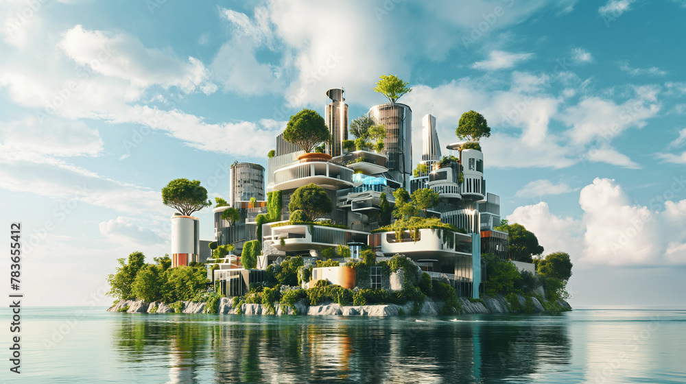 Sustainable Futuristic City Island Standing in the Open Sea. Climate ...