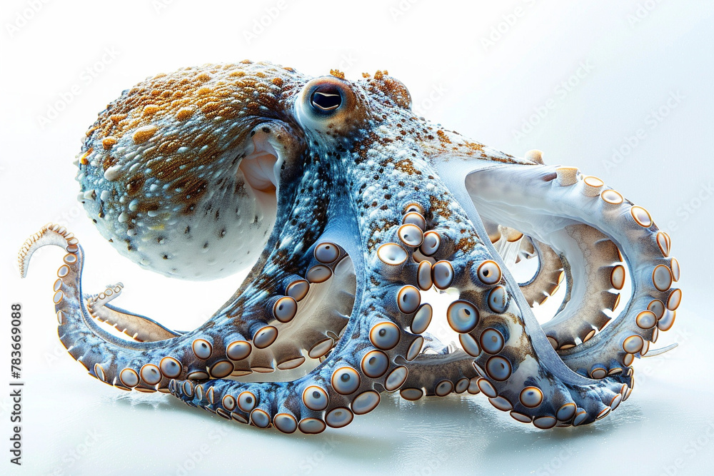 An octopus with blue and brown skin and orange suckers on its tentacles ...