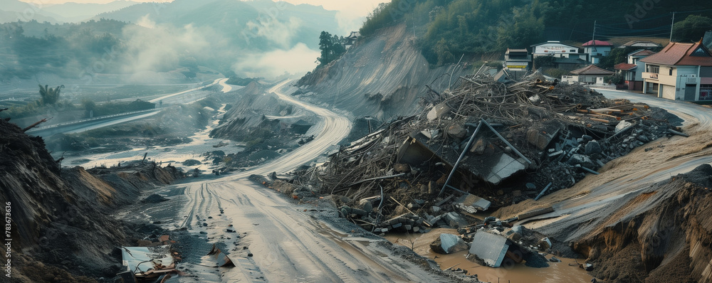 landslide demolishing infrastructure, with roads and buildings buried ...