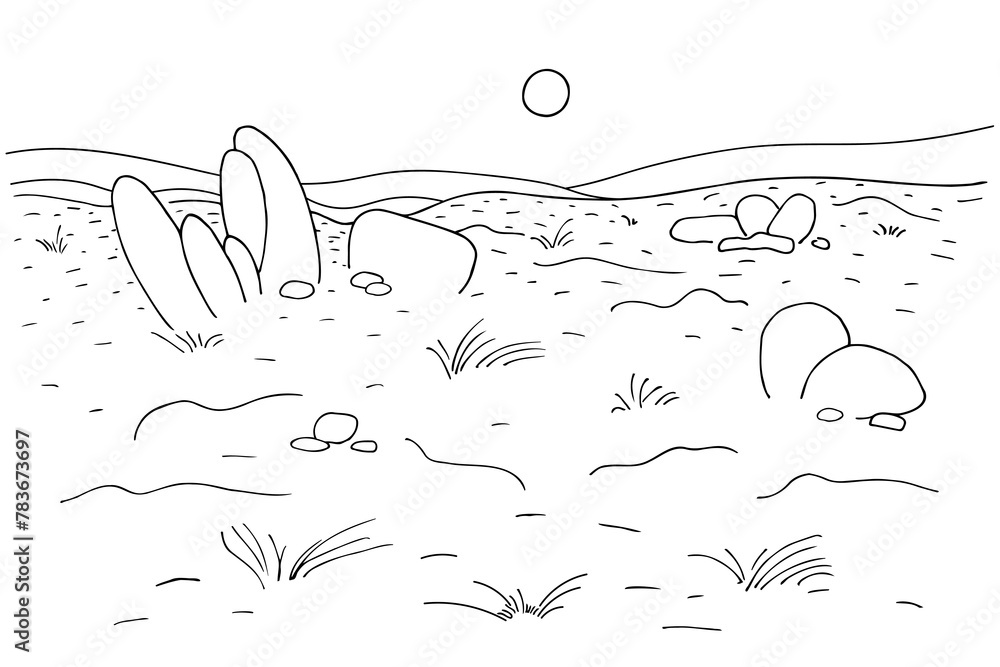 Desert sketch landscape with sand, hills, stones, dune, sun in ink line ...