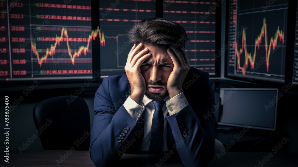 Trader under stress with screens displaying falling stock charts, a ...