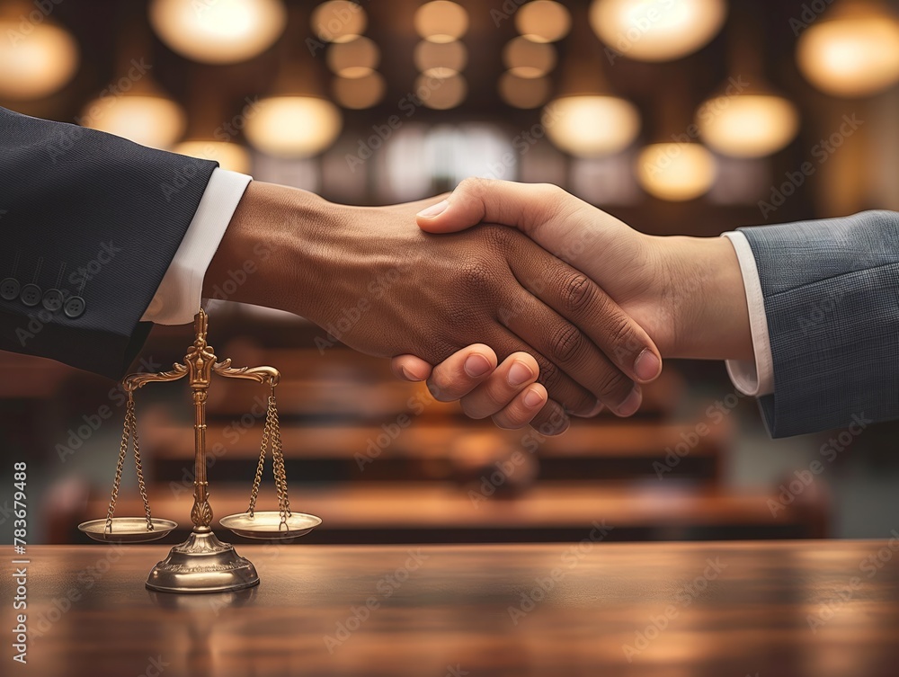 Two people shaking hands in front of a scale. The scale is a symbol of ...