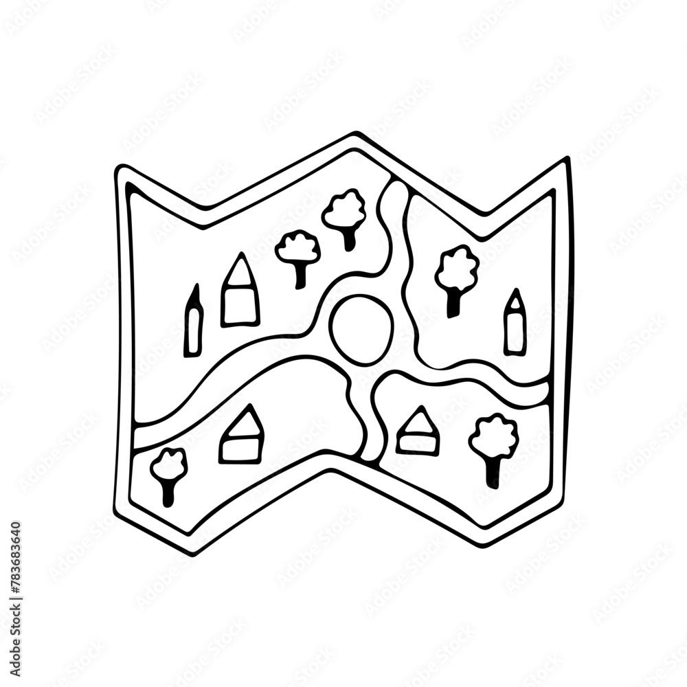 Doodle small city road map. Travel map. Camping equipment. City ...