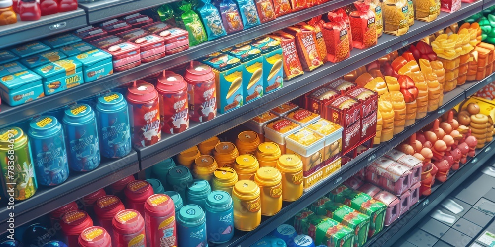 Stylized isometric supermarket aisle stocked with oversized, whimsical ...