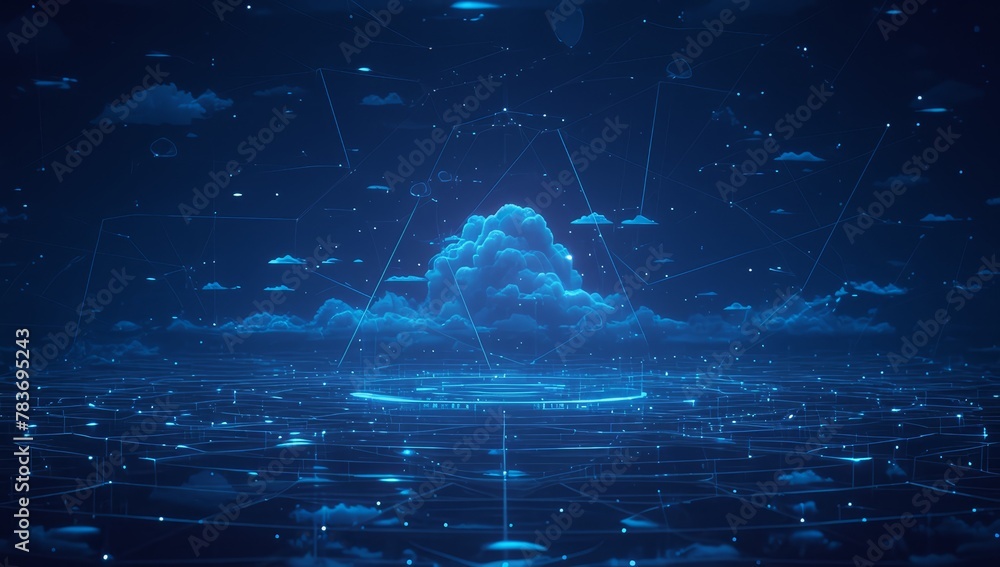 A digital illustration of cloud computing technology with blue ...