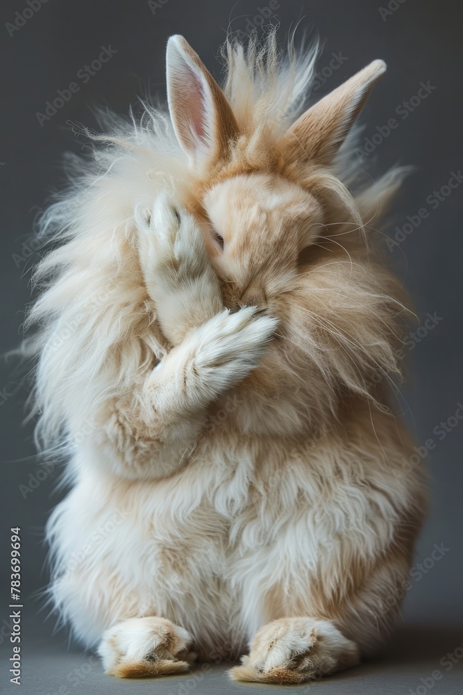 A fluffy Angora rabbit is positioned on its hind legs, displaying an ...