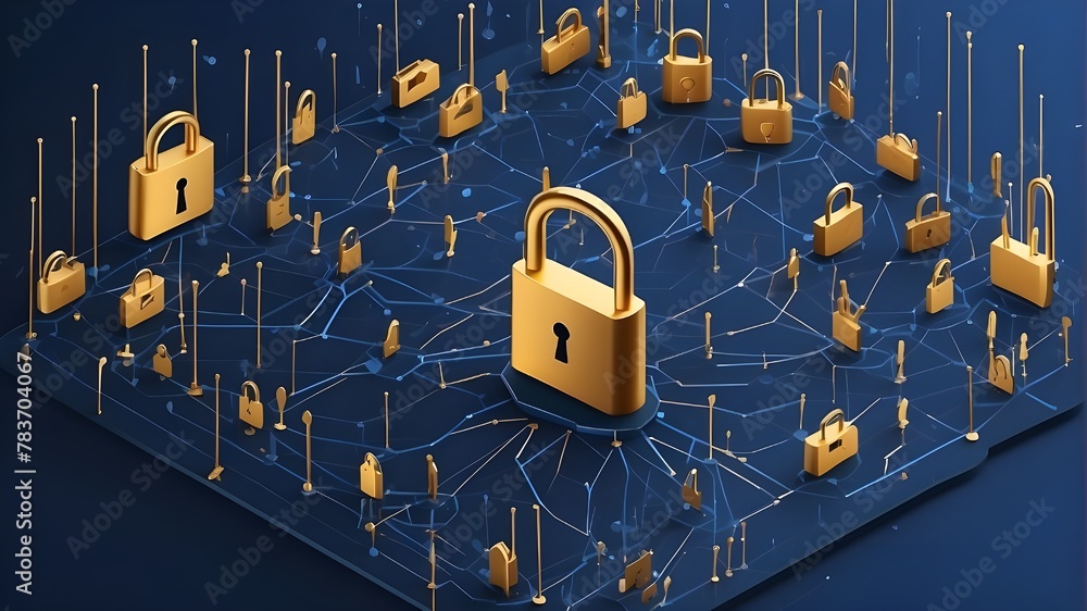 An isometric depiction of padlocks in a connected virtual network ...