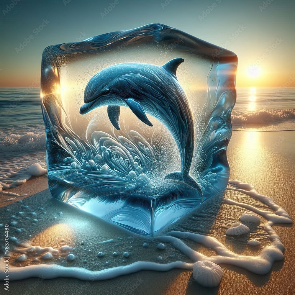 an ice cube sculpture on sand, concealed inside the ice cube is a very ...