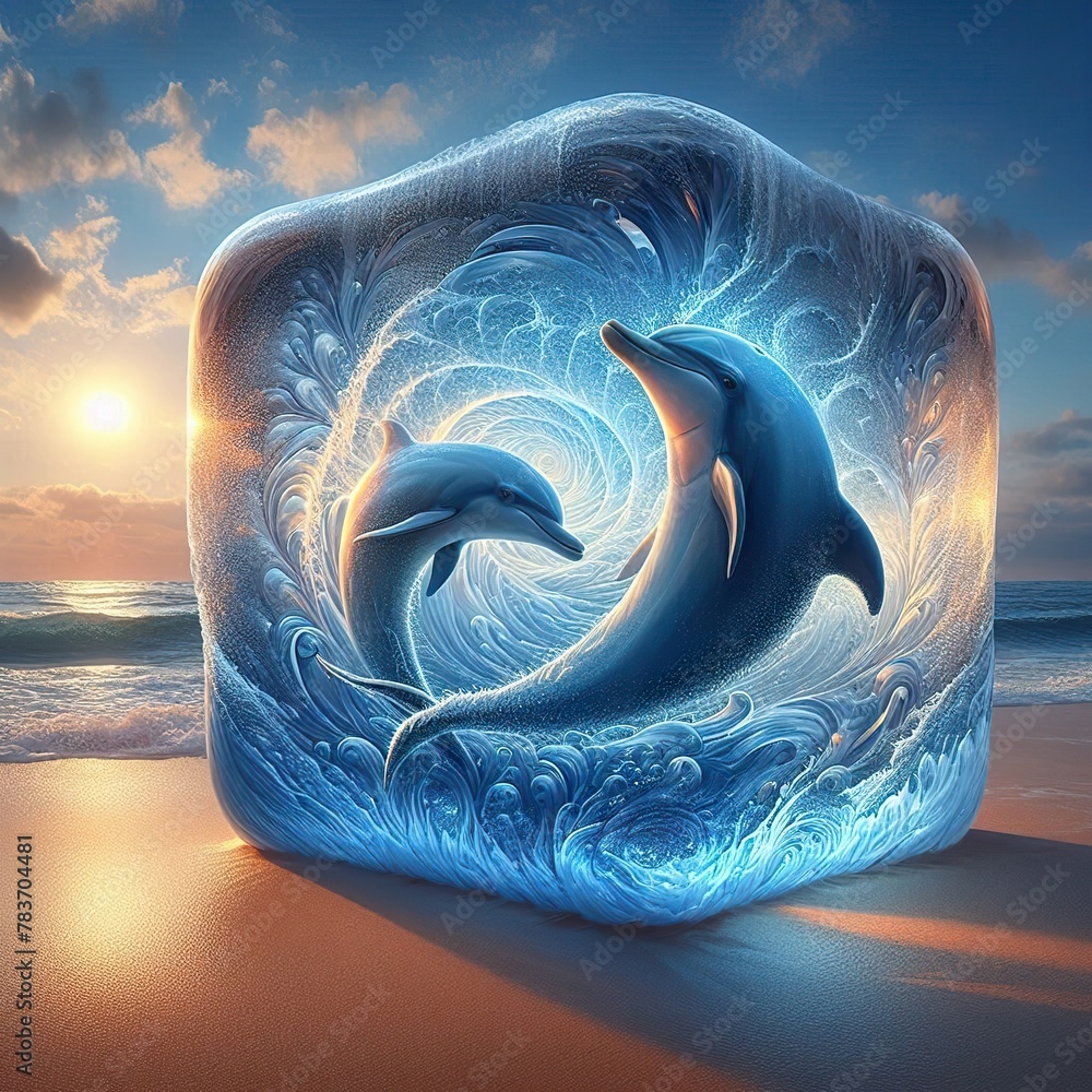 an ice cube sculpture on sand, concealed inside the ice cube is a very ...