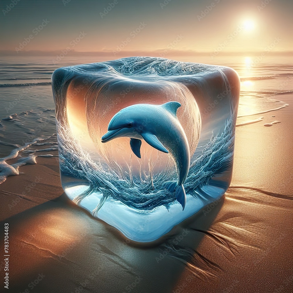 an ice cube sculpture on sand, concealed inside the ice cube is a very ...