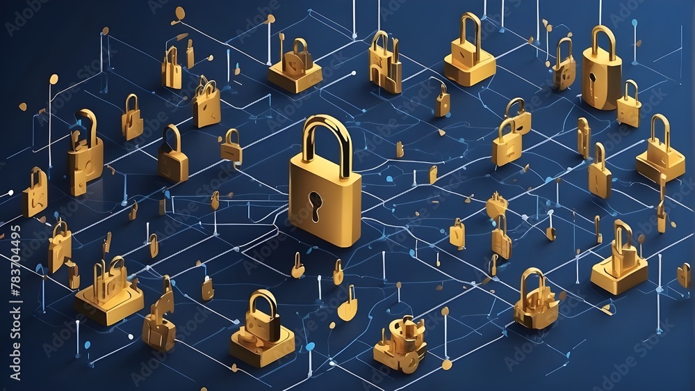 An isometric depiction of padlocks in a connected virtual network ...